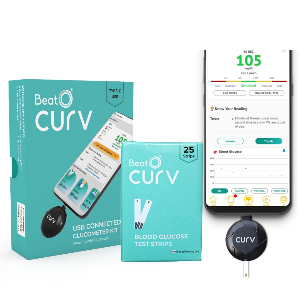BeatO Curv Smartphone Connected Glucometer Kit with 25 Strips & 25 ...