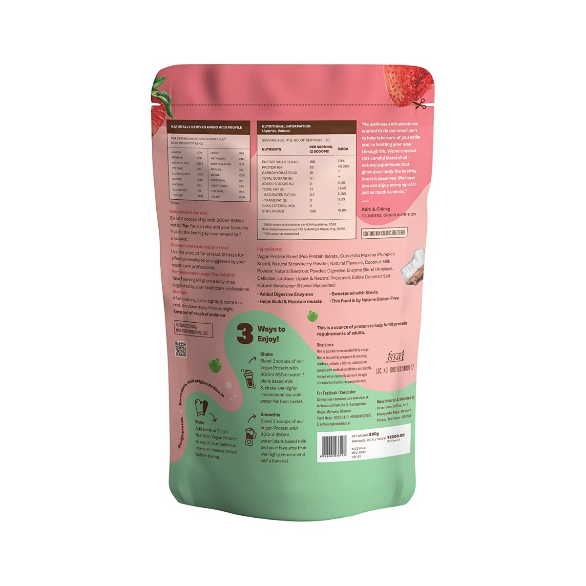 Origin Nutrition 100% Natural Vegan Protein Strawberry Flavour Powder ...