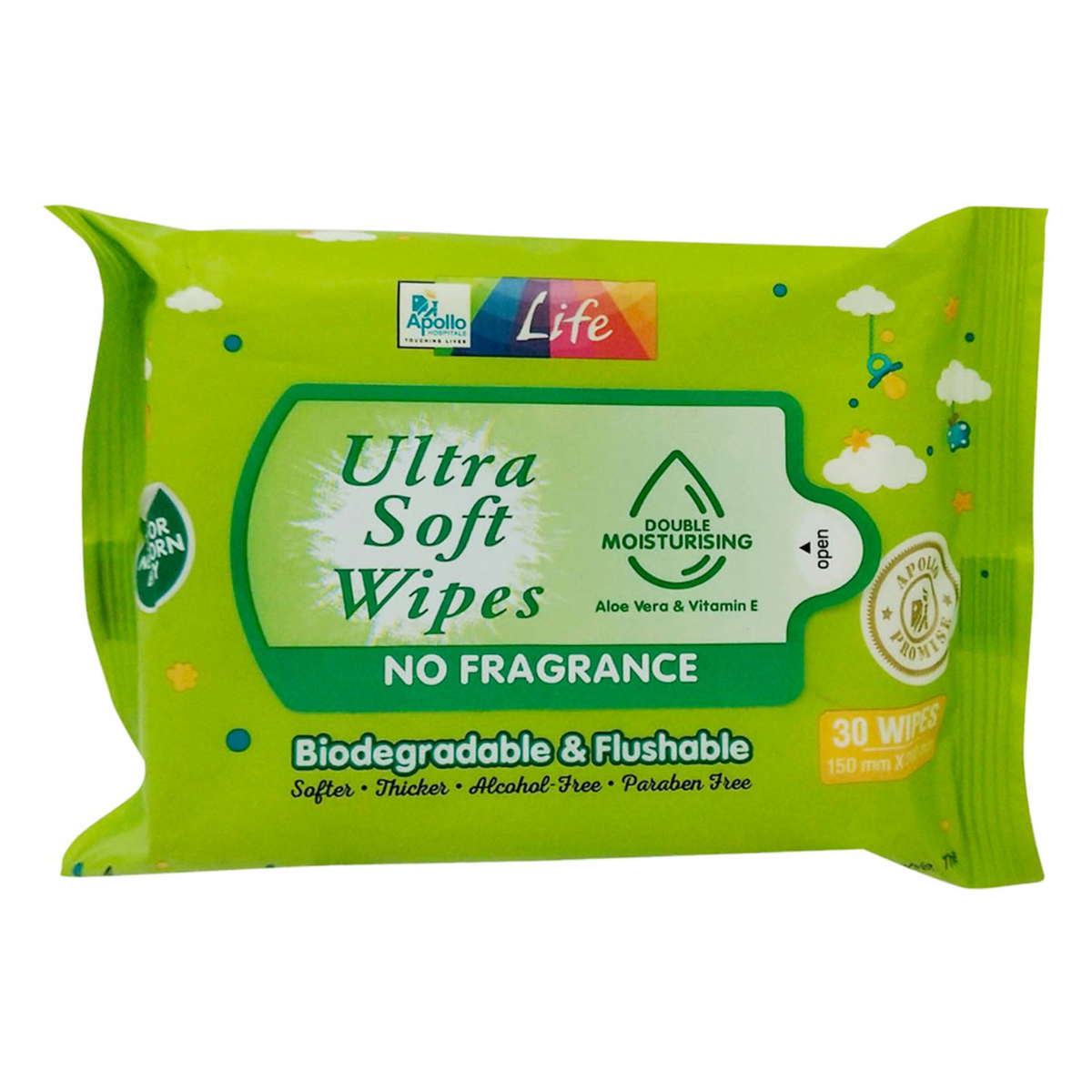 Apollo Life Ultra Soft Biodegradable & Flushable Baby Wipes, 30 Count ...