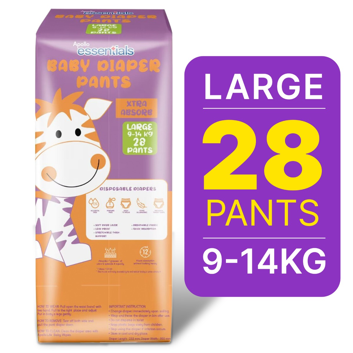 Apollo Essentials Extra Absorb Baby Diaper Pants Large, 28 Count | Uses ...