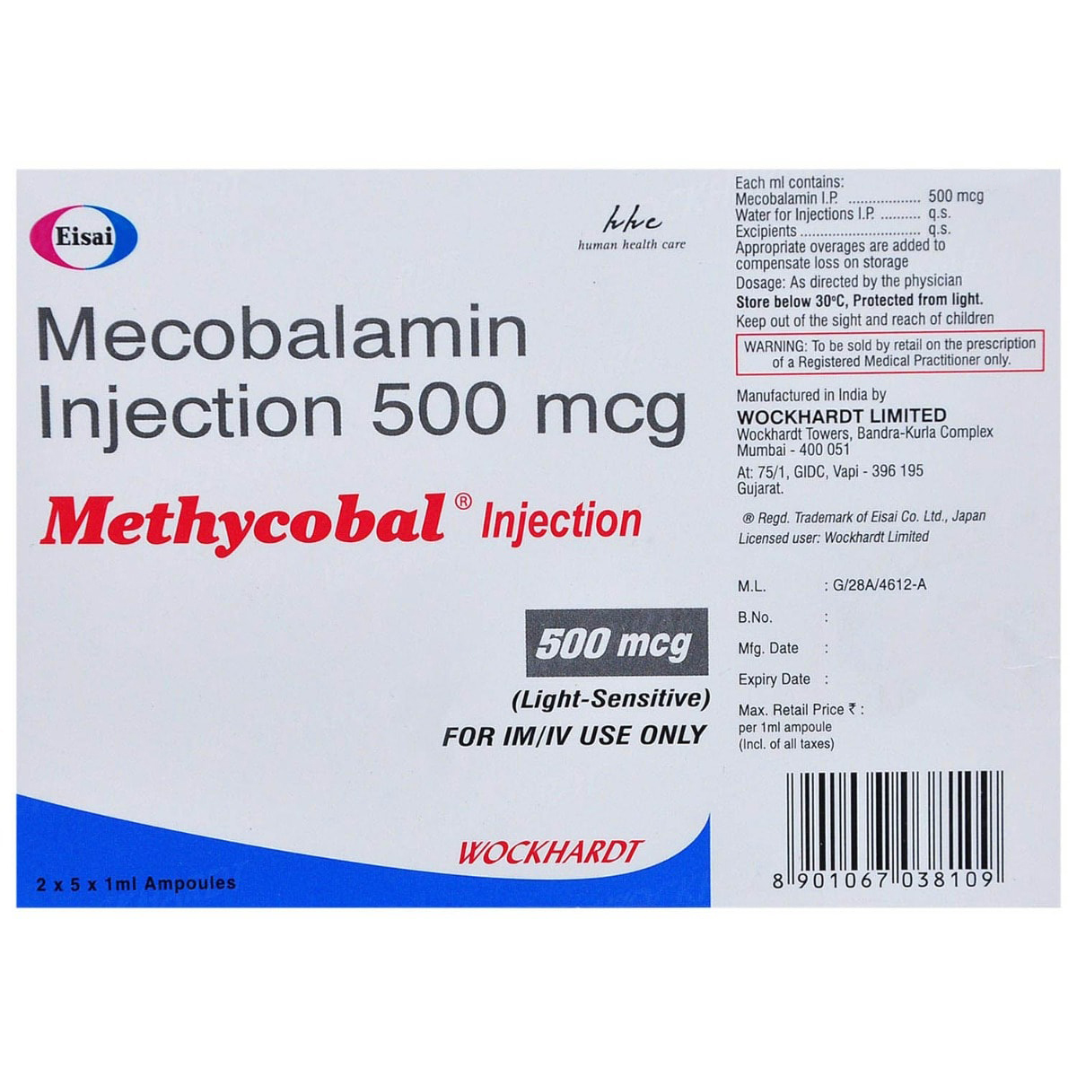 Methycobal 500 MCG Injection 5 x 1 ml | Uses, Side Effects, Price ...