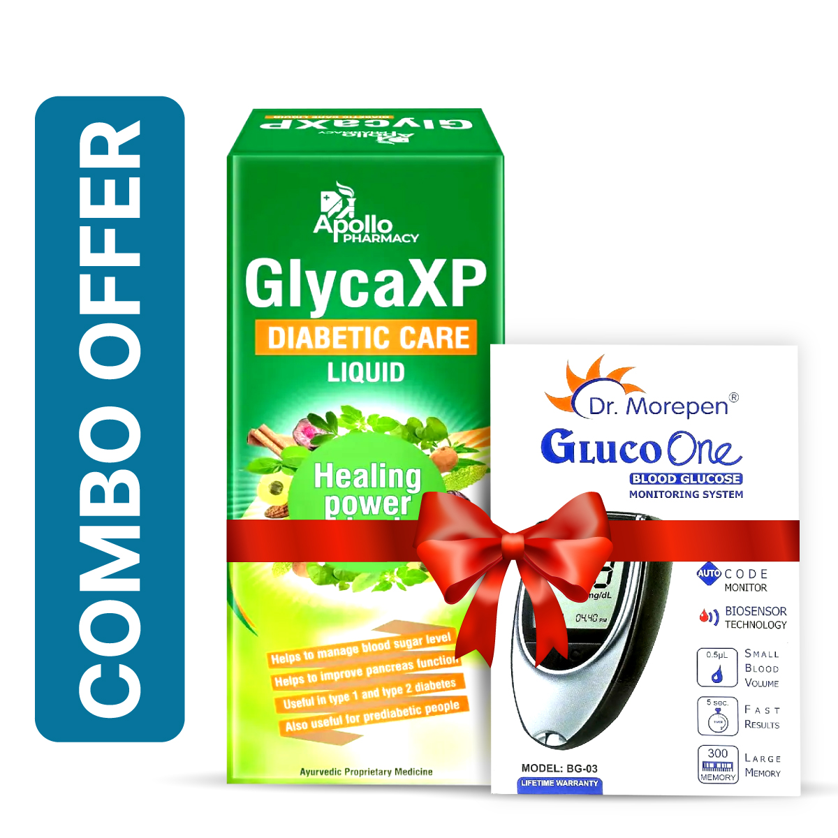 Buy Apollo Pharmacy GlycaXP + Dr. Morepen Glucometer Combo Pack, 1 Kit ...