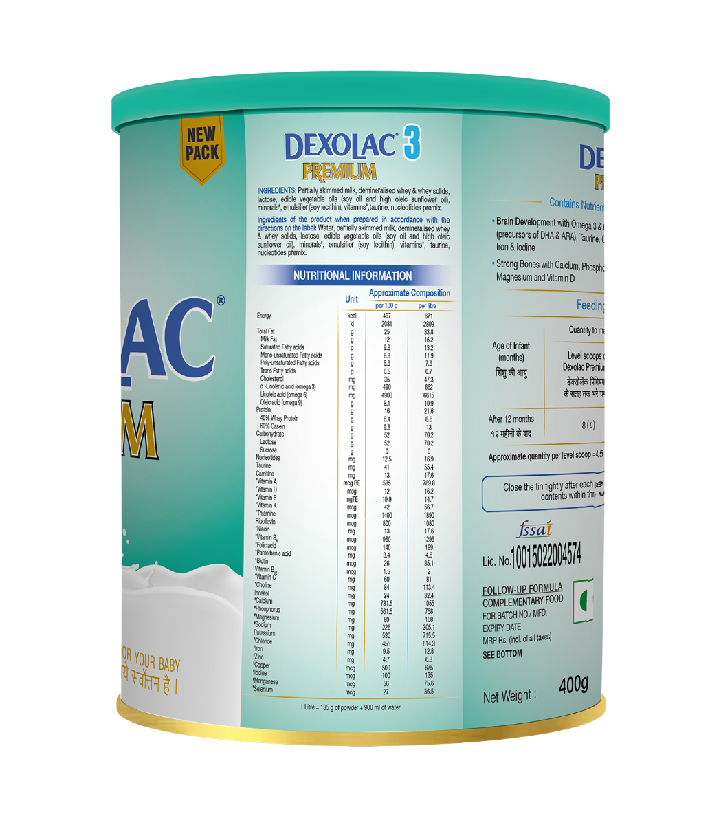 Dexolac Premium Infant Formula Stage 3, 12 to 24 Months, 400 gm Tin ...