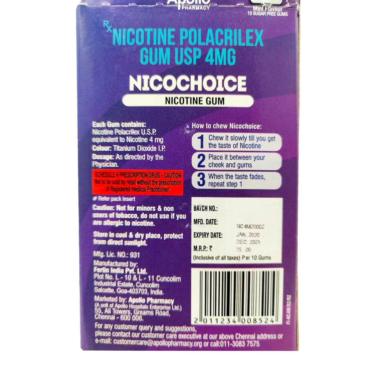 Apollo Pharmacy Nicochoice 4 mg Nicotine Gum, 10 Count Price, Uses ...