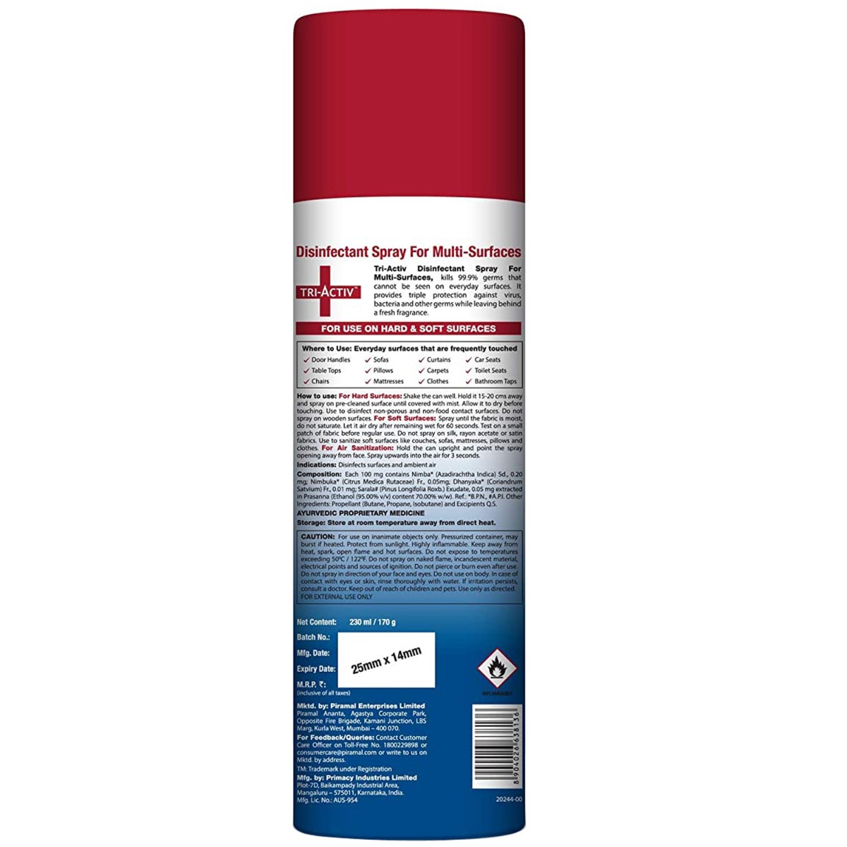 Tri-Activ Multi-Surfaces Disinfectant Spray, 230 ml Price, Uses, Side ...